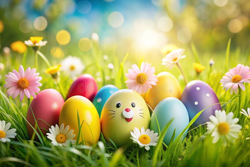 Colorful Easter Eggs in Grass with Flowers Stock Illustration ...