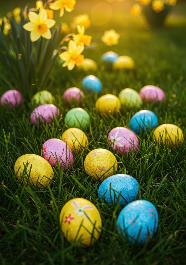 Colorful Easter Eggs in Green Grass with Daffodils Stock Illustration ...