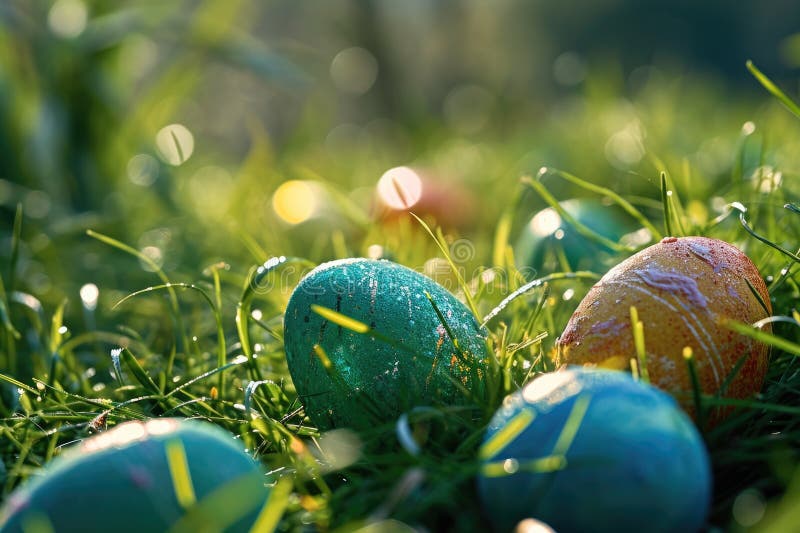 Colorful Easter Eggs in Green Grass. Happy Easter Stock Illustration ...