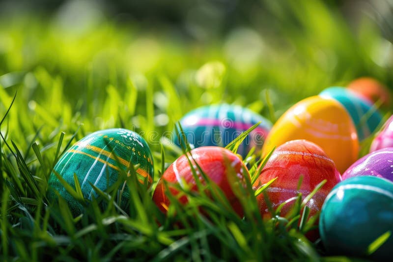 Colorful Easter Eggs in Green Grass. Happy Easter Stock Illustration ...