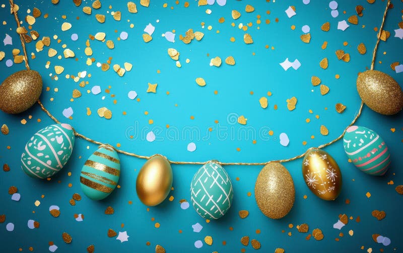 Colorful Easter Eggs Hang on a String, Surrounded by Shimmering Gold ...