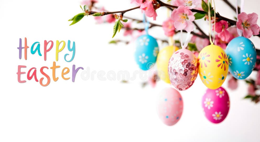 Colorful Easter Eggs Hanging on Blossoming Tree Branch with Text Happy ...
