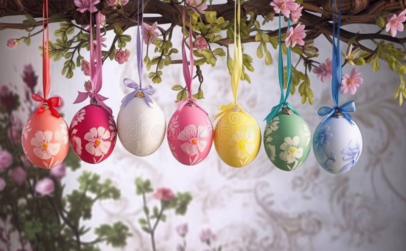 Colorful Easter Eggs Hanging from Cherry Tree. Concept and Idea of ...