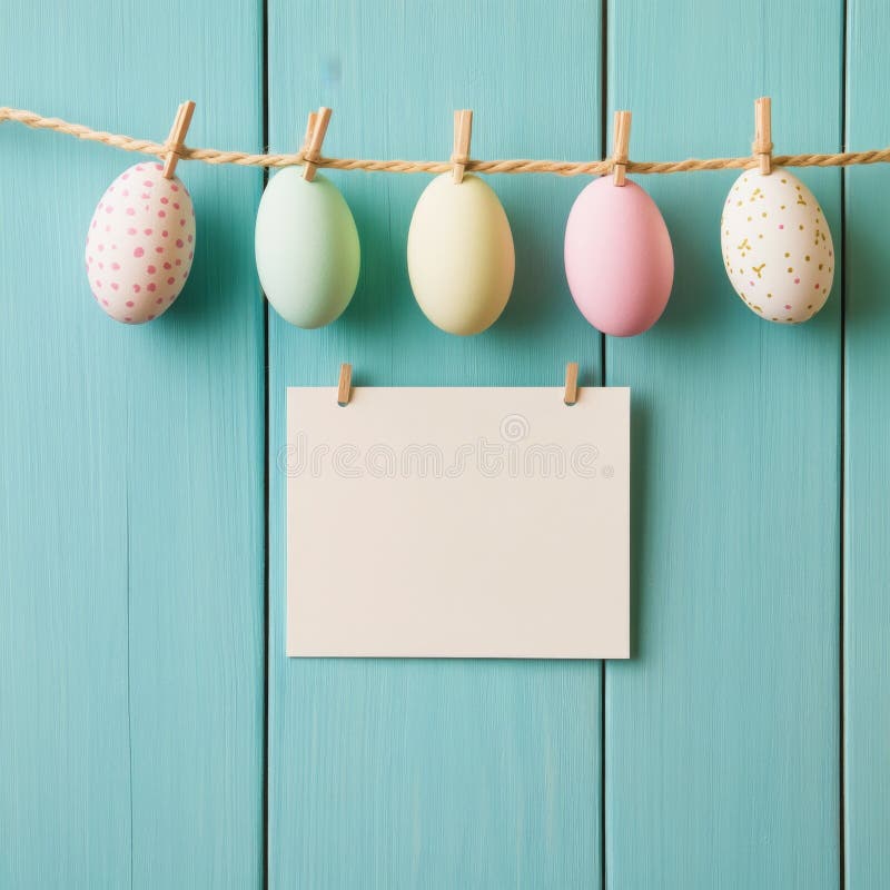 Colorful Easter Eggs Hanging on a String Against a Wooden Blue ...