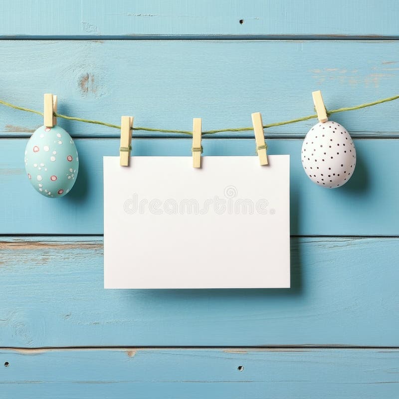 Colorful Easter Eggs Hanging on a String Against a Wooden Blue ...