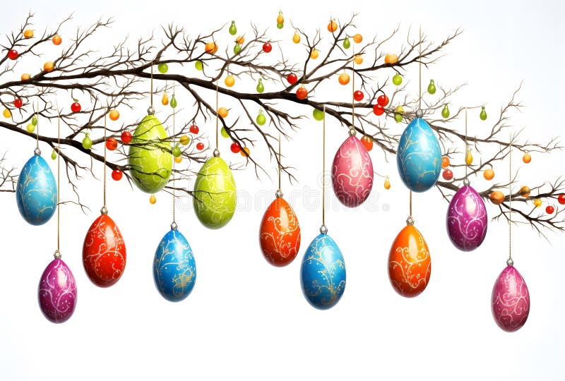 Colorful Easter Eggs Hanging on Tree Branch Stock Illustration ...