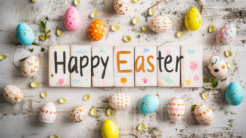 Colorful Easter Eggs and Happy Easter Text on Wooden Blocks, Surrounded ...