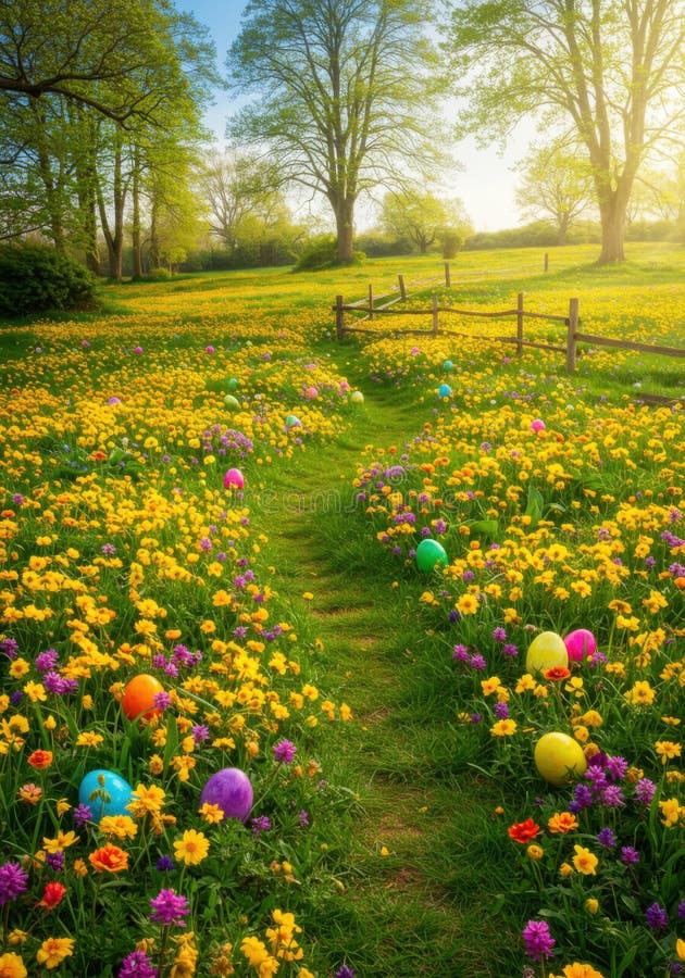 Colorful Easter Eggs Hidden in a Sunlit Spring Field Stock Illustration ...
