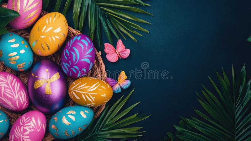 Colorful Easter Eggs with Leaves and Butterflies on Dark Background ...