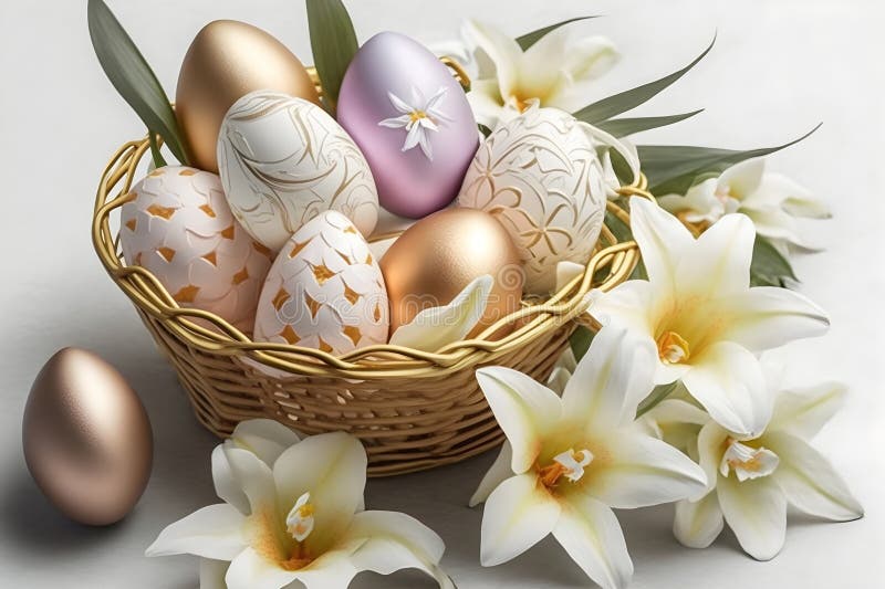 Easter Eggs in the Basket, Lilies Next To Them Stock Illustration ...
