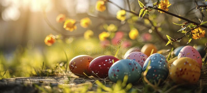 Easter Eggs on Sunlit Grass with Spring Blossoms Stock Photo - Image of ...