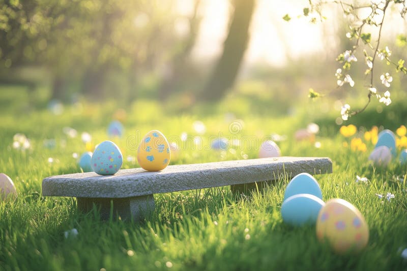 Colorful Easter Eggs Lying on Green Grass and Stone Bench in Spring ...