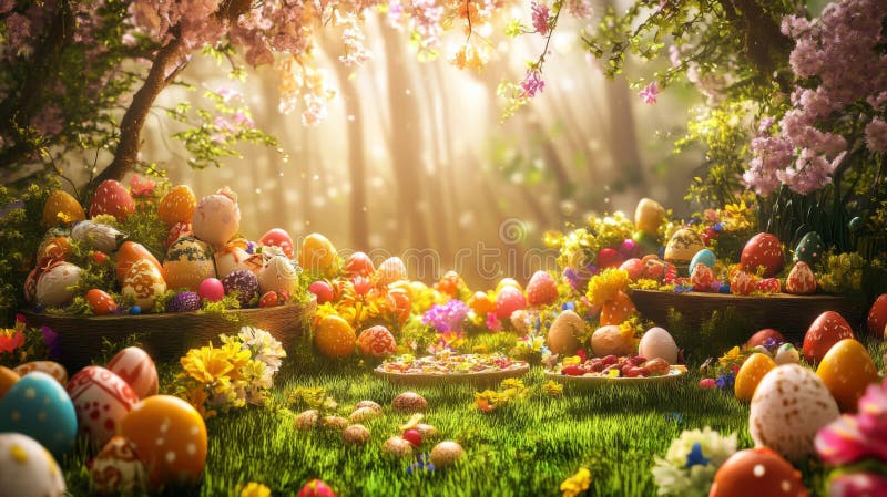 Colorful Easter Eggs in a Magical Spring Forest Stock Illustration ...