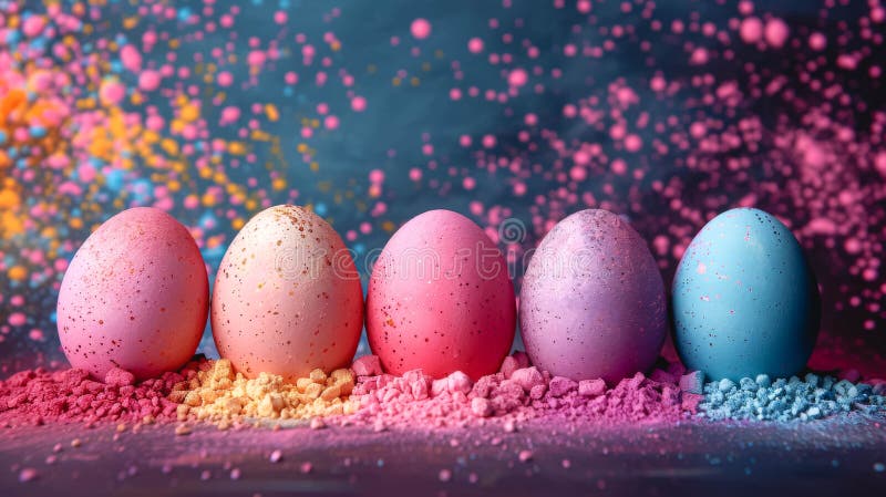 Colorful Easter Eggs in Multi-colored Powder on Blue Background. Stock ...
