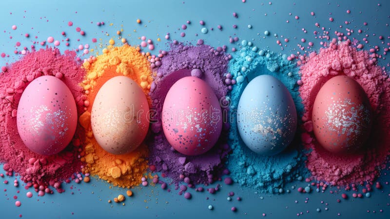 Colorful Easter Eggs in Multi-colored Powder on Blue Background. Stock ...