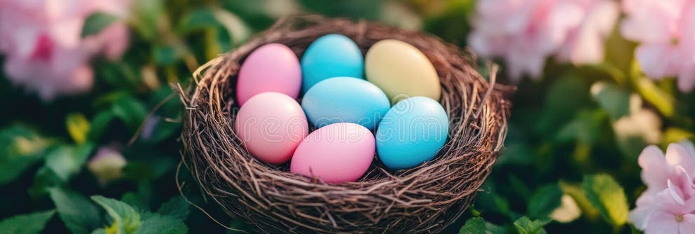 Colorful Easter Eggs in Nest Amid Spring Blossoms. Happy Easter Stock ...