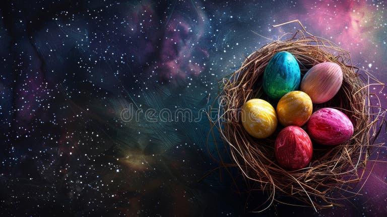 Colorful Easter Eggs in a Nest with Cosmic Background Stock Image ...