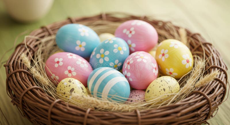 Colorful Easter Eggs in a Nest with Floral Designs on Natural Green ...