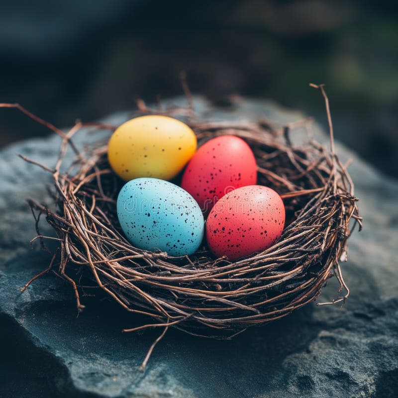 Colorful Easter Eggs in Nest on Stone Background. Happy Easter Concept ...