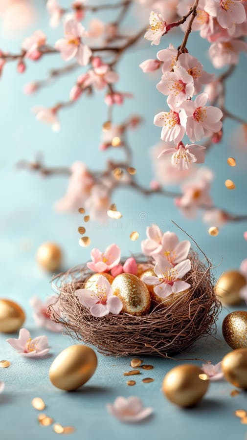 Colorful Easter Eggs in a Nest Surrounded by Cherry Blossoms and Petals ...