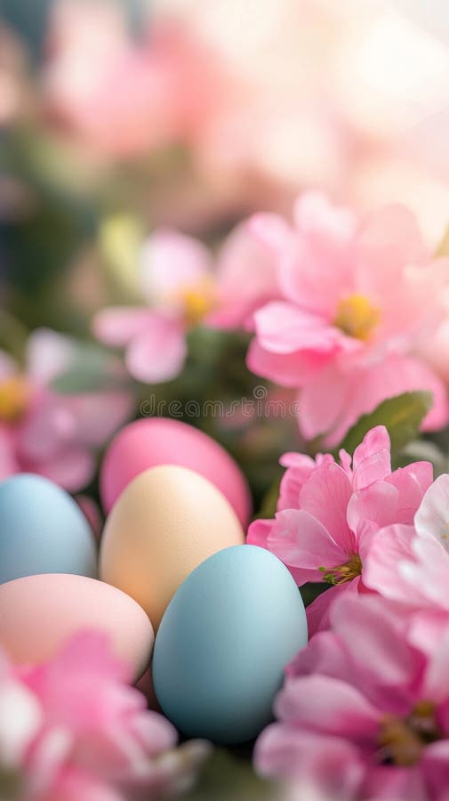 Spring Celebration with Pastel Colored Eggs and Fresh Flowers on a Blue ...
