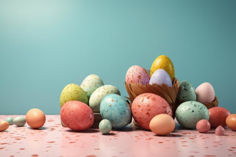 Colorful Easter Eggs on Pastel Blue Background 3D Rendered with Playful ...