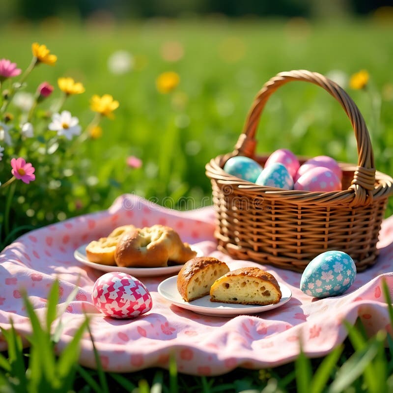 Colorful Easter Eggs and Pastries in a Spring Picnic Setting. Stock ...