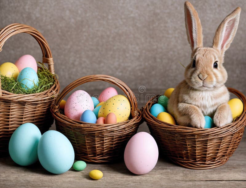 Colorful Easter Eggs and Plush Rabbit in Baskets on Rustic Wooden Table ...