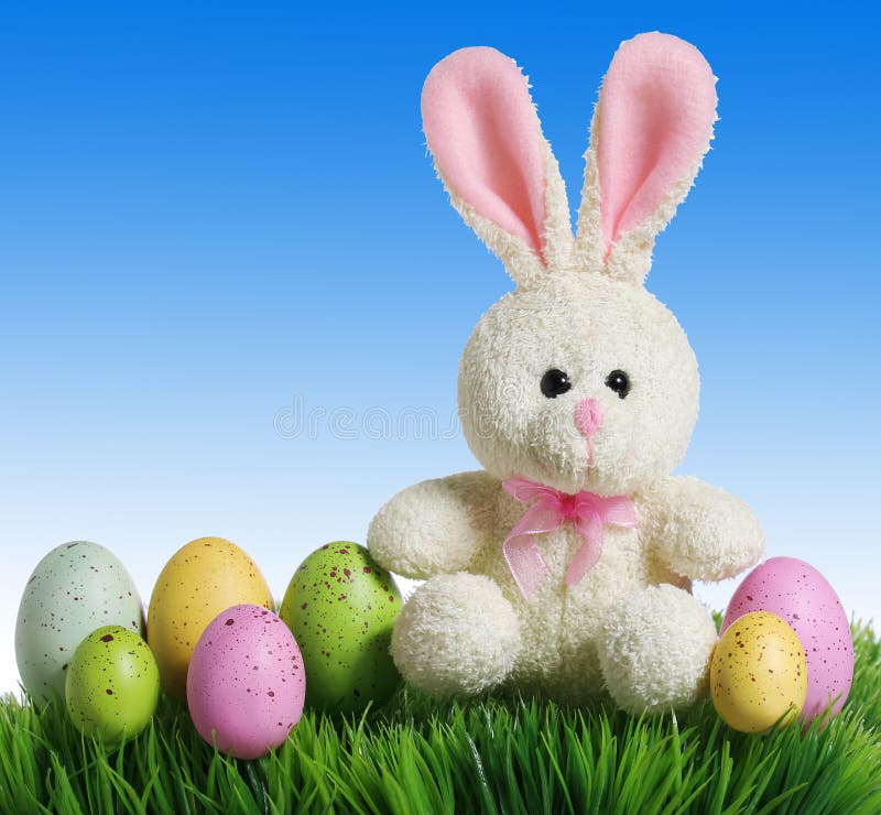 Colorful Easter Eggs and Rabbit on Green Grass Stock Photo - Image of ...