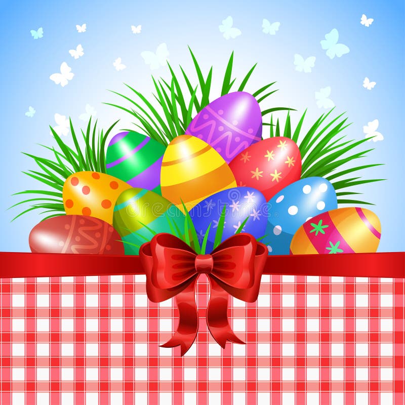 Colorful Easter Eggs and Red Ribbon, Bow Stock Vector - Illustration of ...