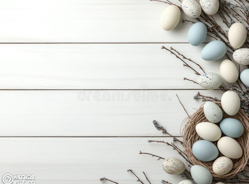 Colorful Easter Eggs Rest in a Wicker Basket Alongside Delicate Willow ...