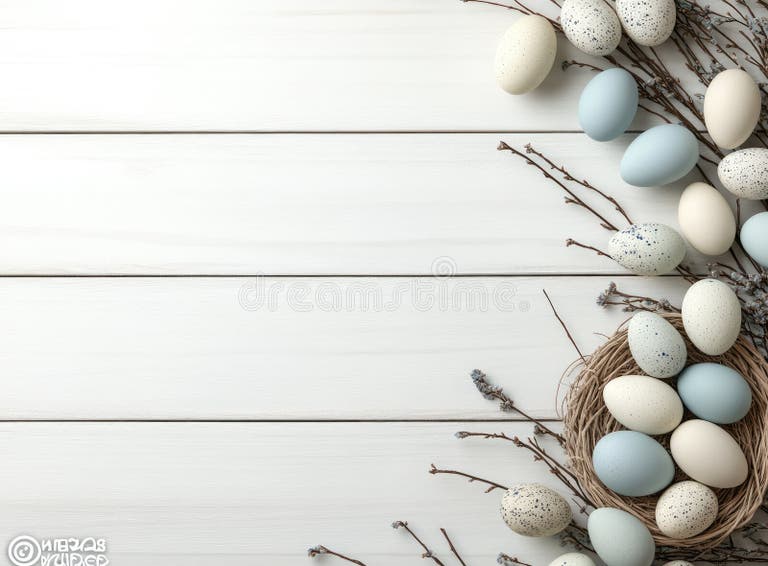 Colorful Easter Eggs Rest in a Wicker Basket Alongside Delicate Willow ...