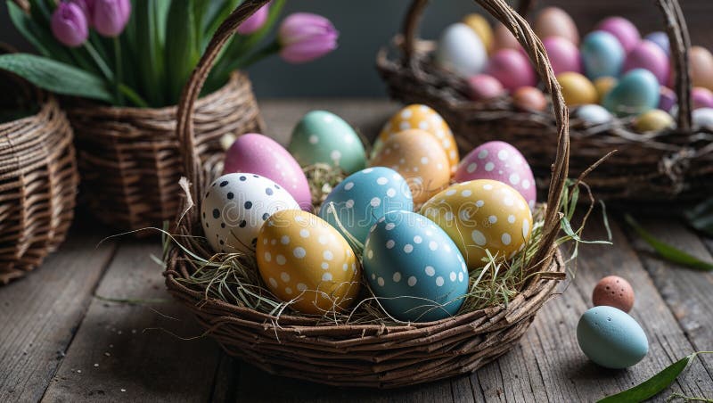 Colorful Easter Eggs Resting in Wicker Baskets Adorned with Polka Dots Stock Illustration ...