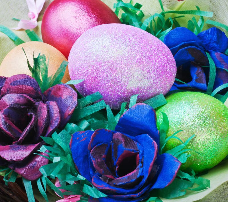 Colorful Easter Eggs and Rose Stock Photo - Image of ornament, closeup ...