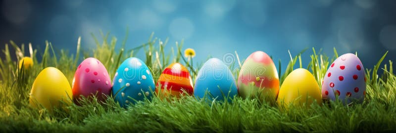 Colorful Easter Eggs in a Row, Decorated with Spring Flowers and Long ...
