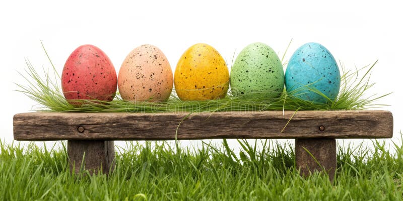 Colorful Easter Eggs on Rustic Bench in Grass, Spring, Decoration Stock ...