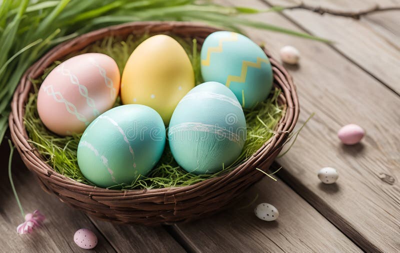 Colorful Easter Eggs in a Rustic Wicker Basket Filled with Painted ...