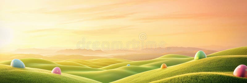 Colorful Easter Eggs Scattered Across a Rolling Green Landscape at ...