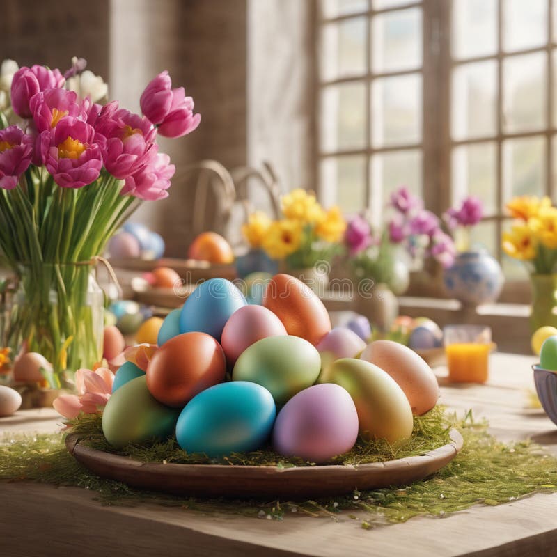 Colorful Easter Eggs Scattered Around a Tablescape with Spring Flowers ...