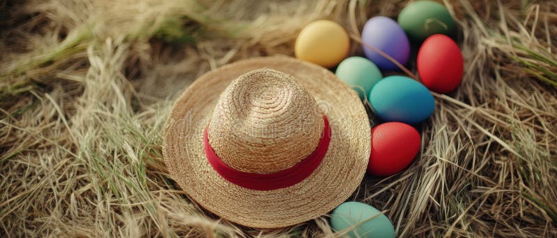 Colorful Easter Eggs Scattered on the Ground beside a Straw Hat ...