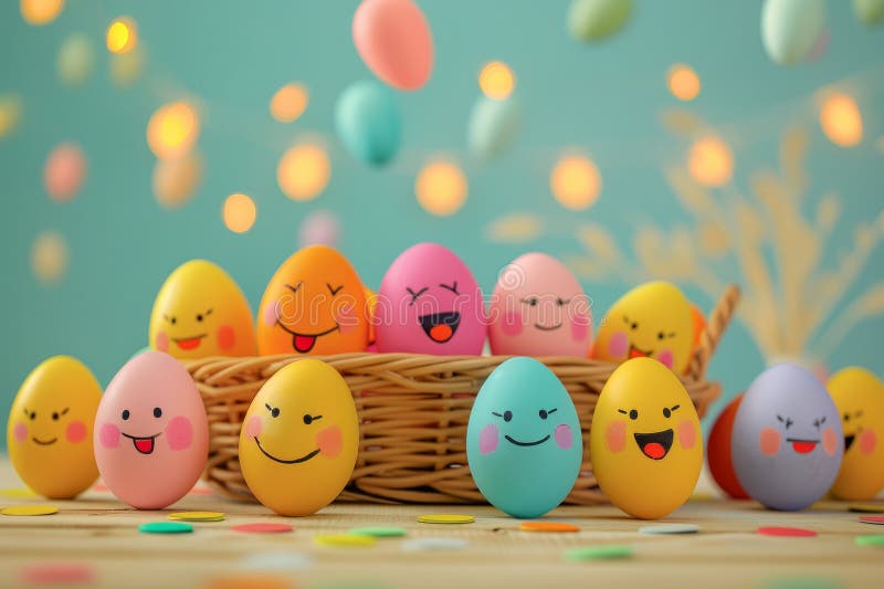 Colorful Easter Eggs and Smiley Faces Inside Basket, Colorful Easter ...