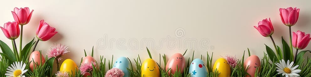 Colorful Easter Eggs with Smiley Faces among Spring Flowers and Tulips ...