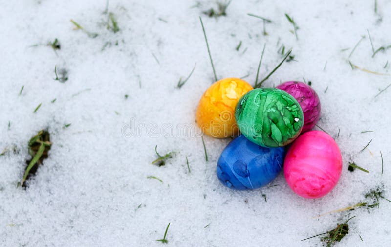 Colorful Easter Eggs in Snow Stock Image - Image of garden, decoration ...