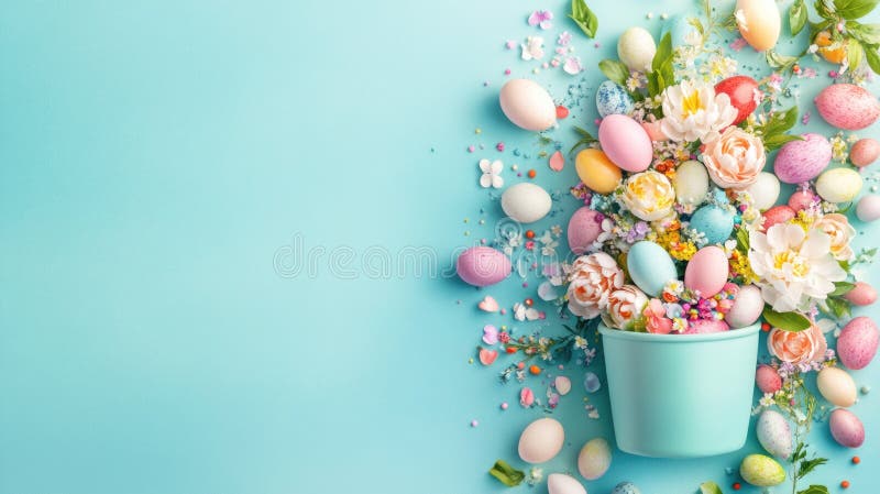 Colorful Easter Eggs and Spring Flowers in a Bright Blue Bucket on a ...