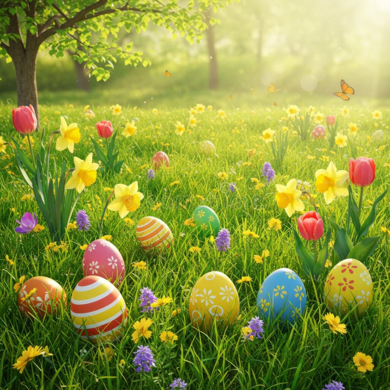 Colorful Easter Eggs in Spring Meadow with Flowers Stock Illustration ...