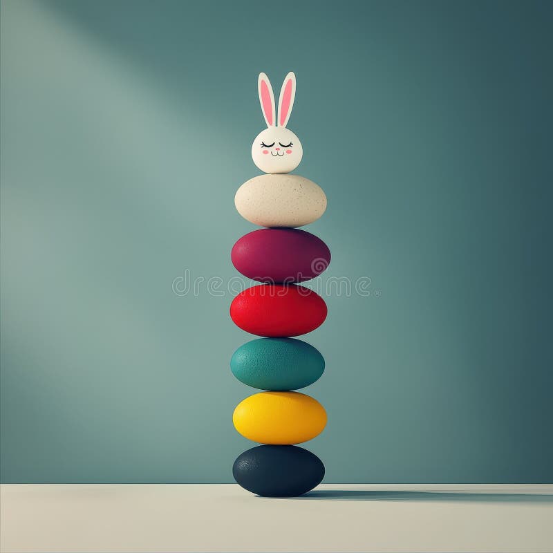 Colorful Easter Eggs Stacked with Cute Winking Bunny on Top, Creating ...