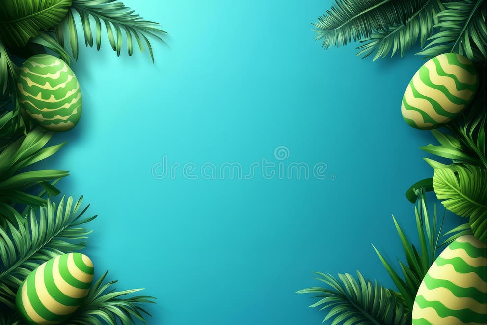 Colorful Easter Eggs Surrounded by Tropical Leaves on Blue Background ...