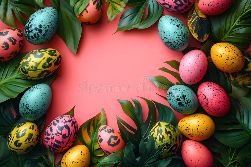 Colorful Easter Eggs and Tropical Leaves Frame on Vibrant Pink ...