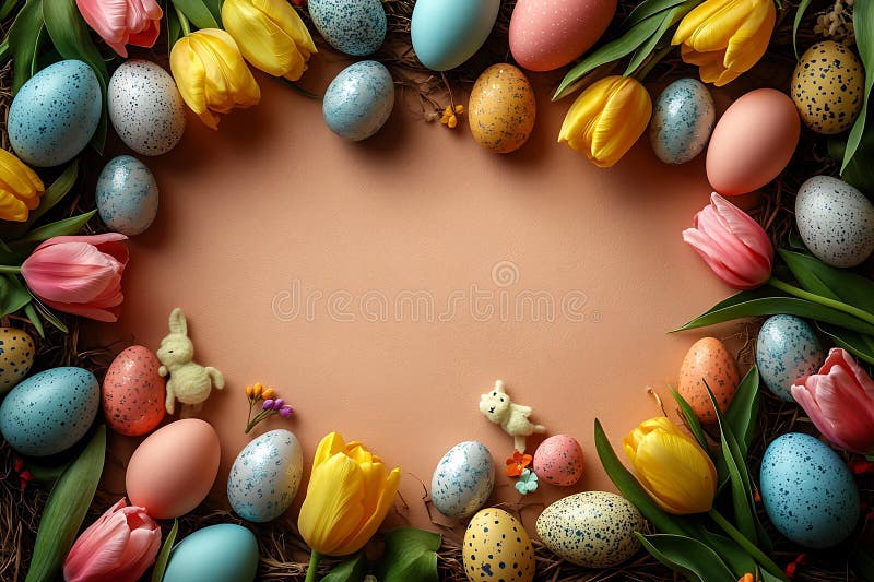 Colorful Easter Eggs & Tulips Border on Tan Backdrop, Spring Floral ...