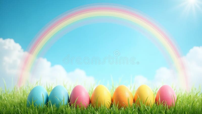 Colorful Easter Eggs Under Rainbow in Blue Sky with Fluffy Clouds Ideal ...
